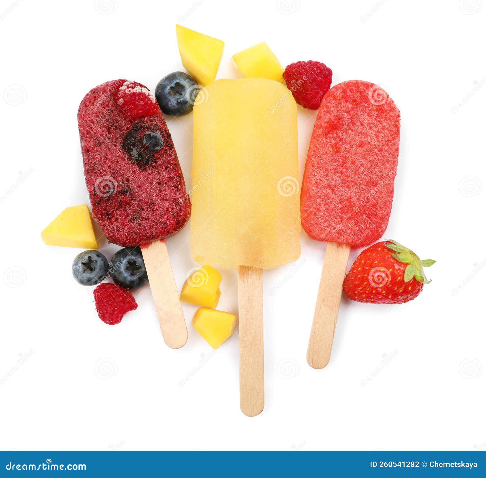 Different Tasty Ice Pops Isolated on White, Top View. Fruit Popsicle ...