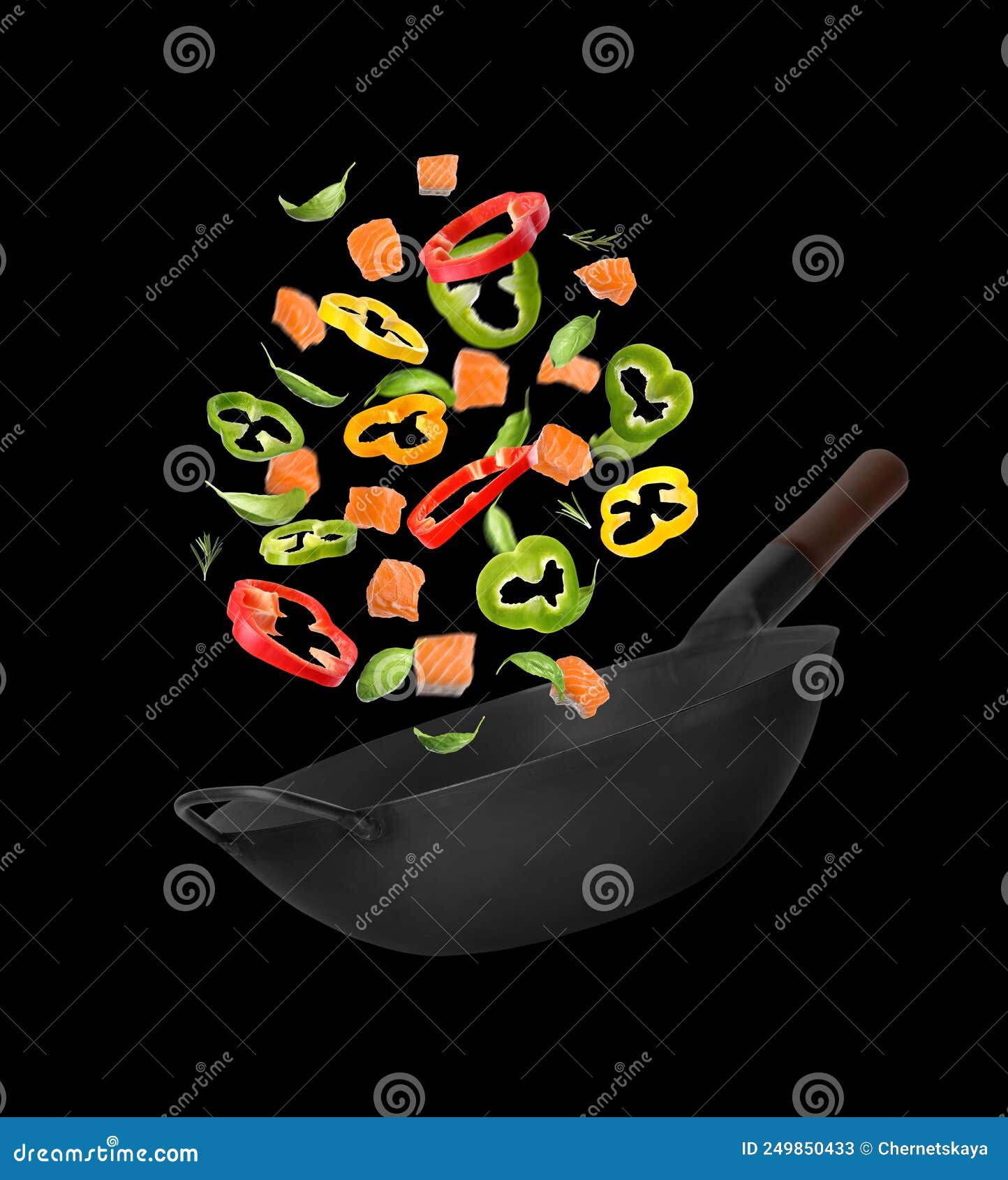 Different Tasty Ingredients Falling into Wok on Black Background Stock ...