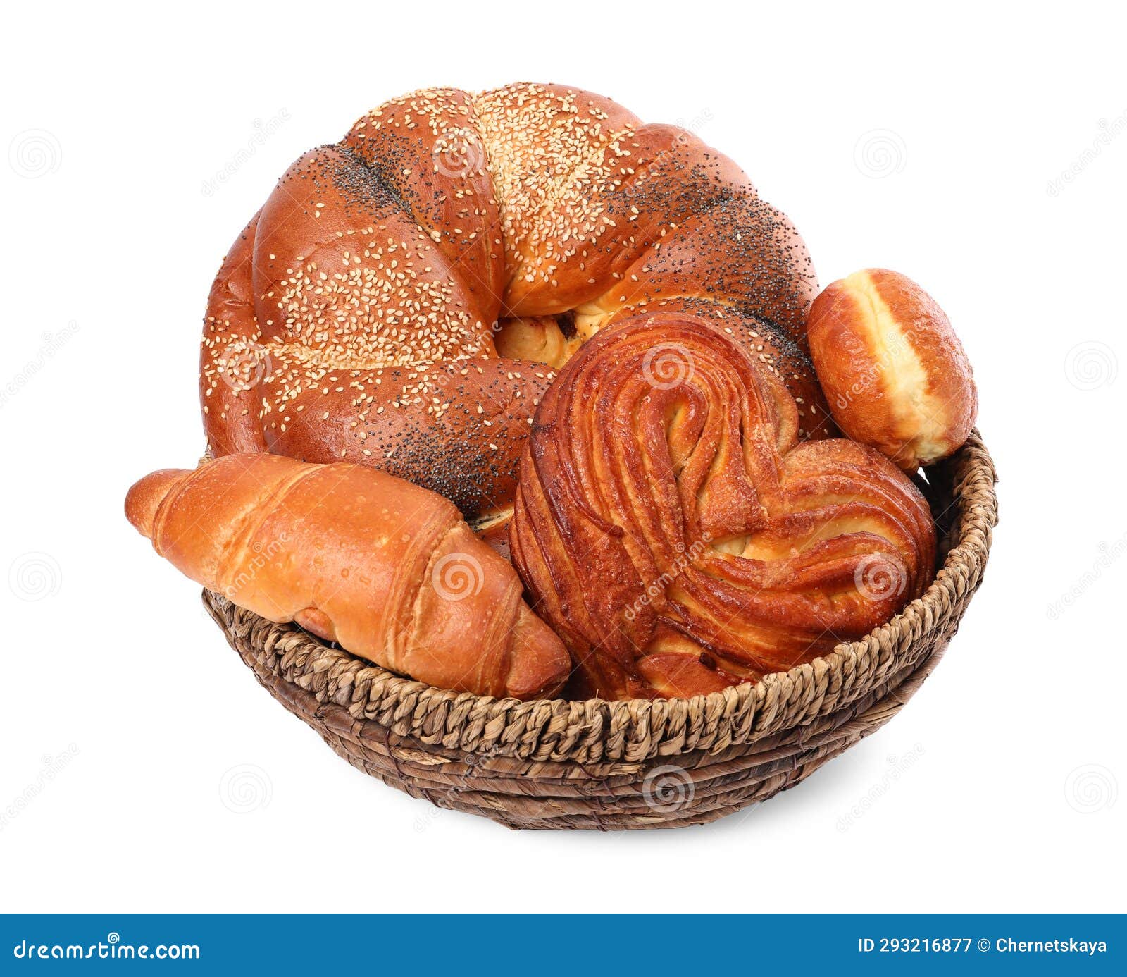 Different Tasty Pastries in Wicker Basket Isolated on White Stock Image ...