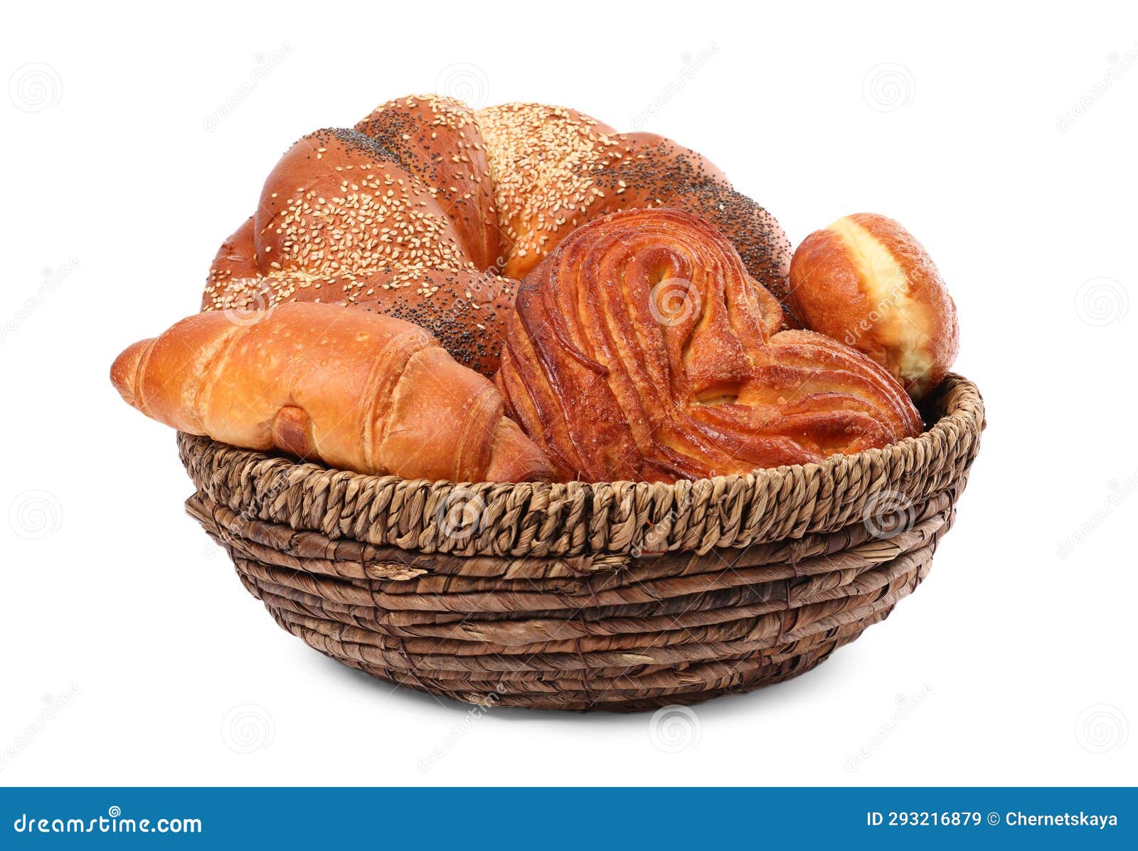 Different Tasty Pastries in Wicker Basket Isolated on White Stock Image ...