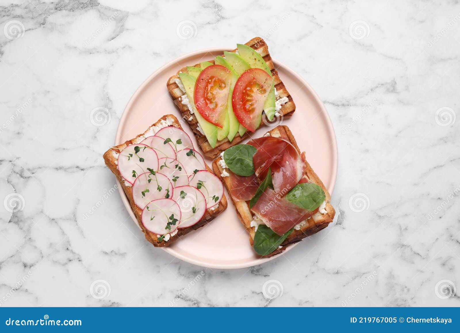 Different Tasty Sandwiches on White Marble Table, Top View Stock Image ...