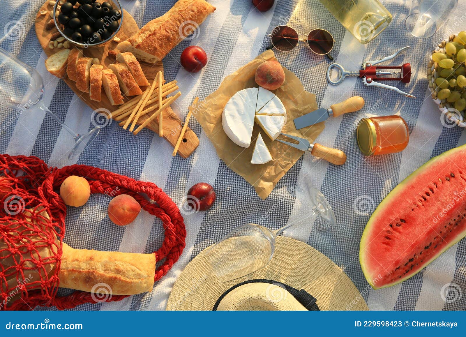 Different Tasty Snacks on Picnic Blanket, Flat Lay Stock Image - Image ...
