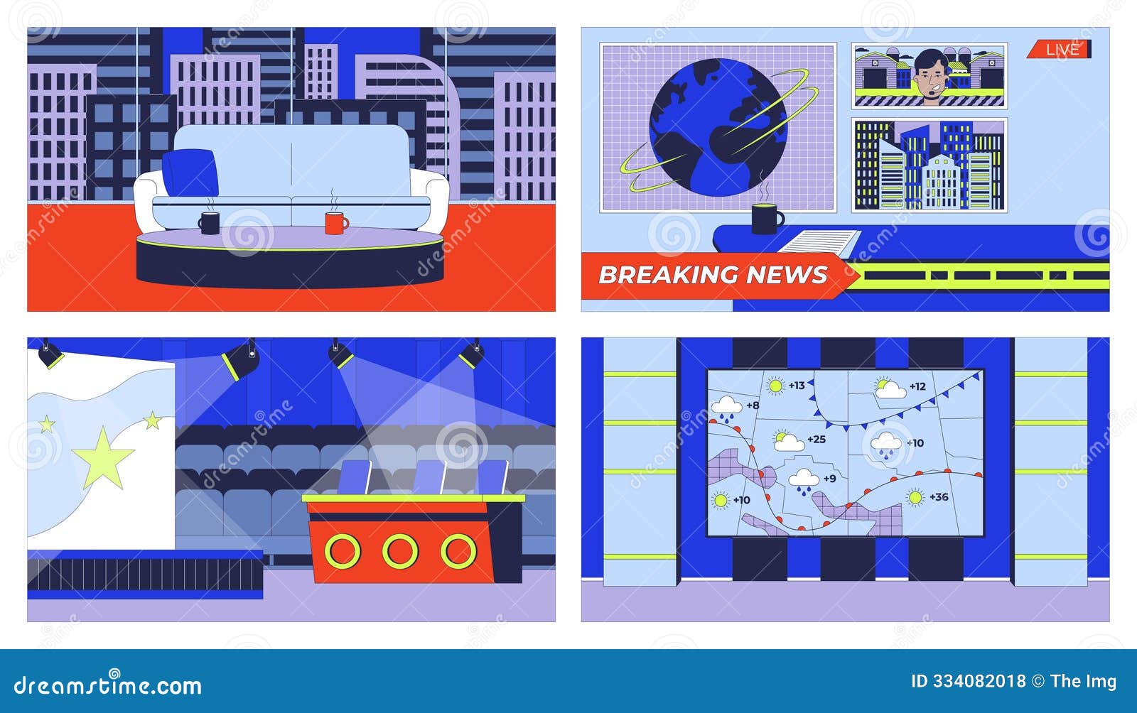 Different Television Studio Setup Cartoon Flat Illustrations Set Stock ...