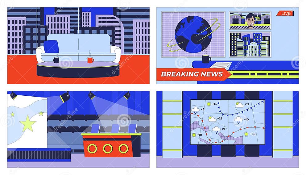 Different Television Studio Setup Cartoon Flat Illustrations Set Stock ...