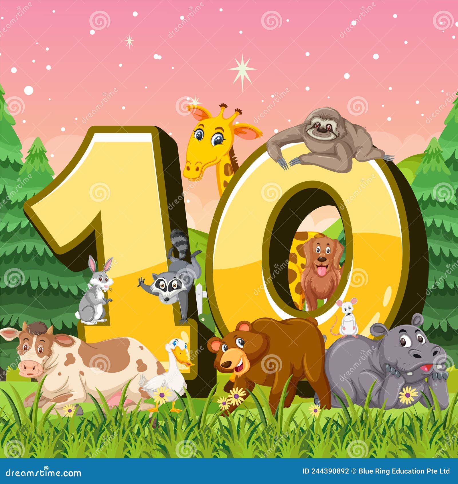 Different Ten Animals Attached To Number Ten Stock Vector ...