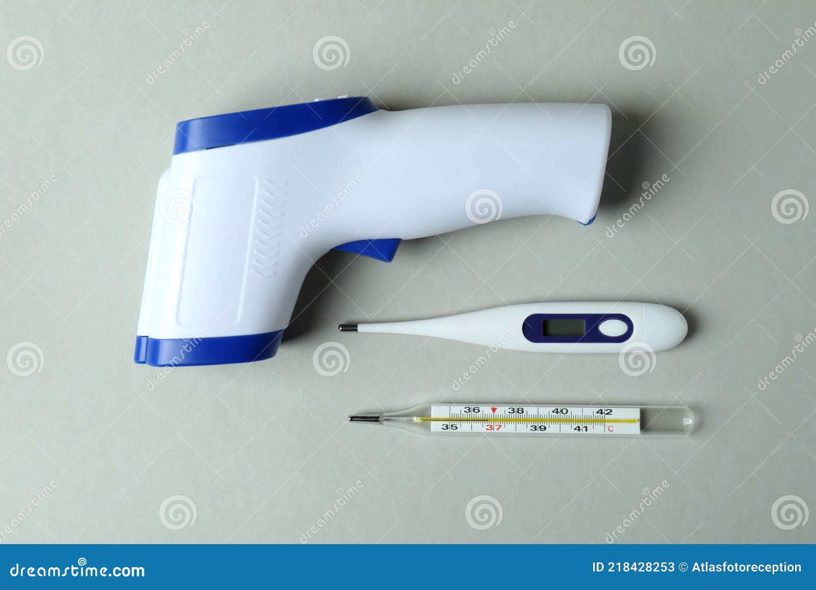 Different Thermometers on Light Gray Background, Top View Stock Image ...