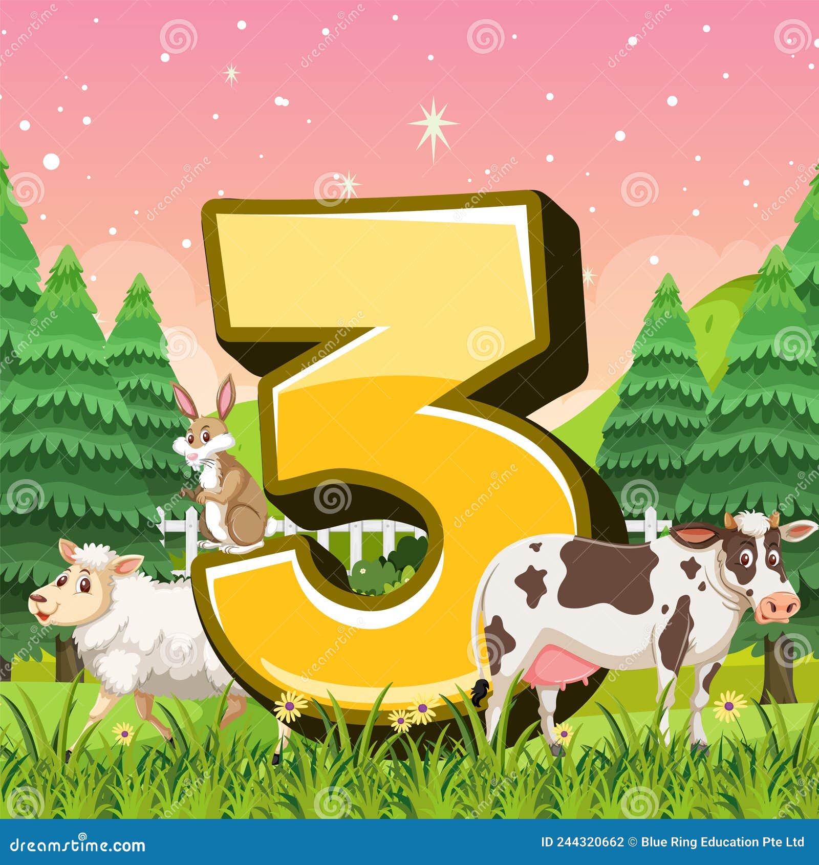 Different Three Animals Attached To Number Three Stock Vector ...