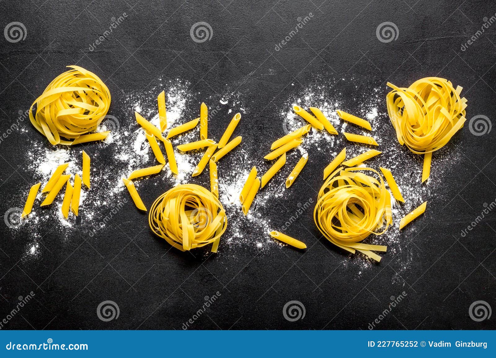 Different Tipes of Pasta with Flour Ready for Cooking, Flat Lay Stock ...