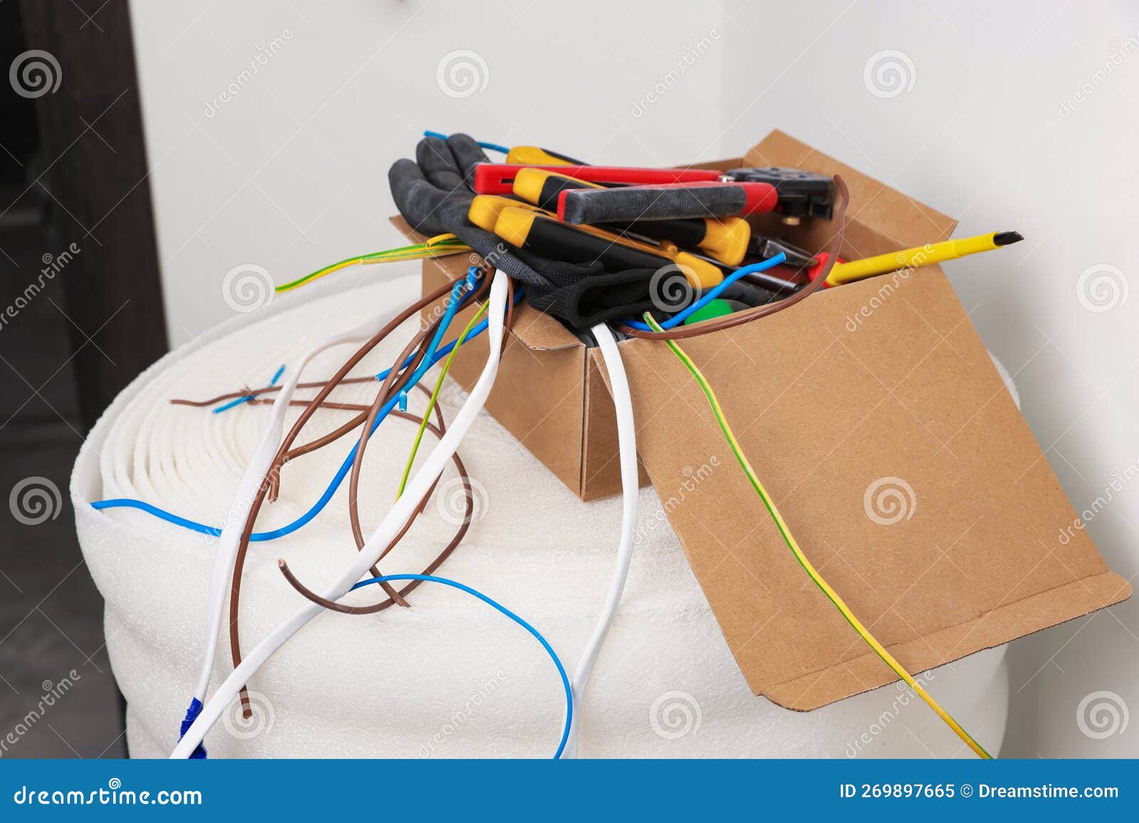 Different Tools and Cables in Paper Indoors. Installation of Electrical ...