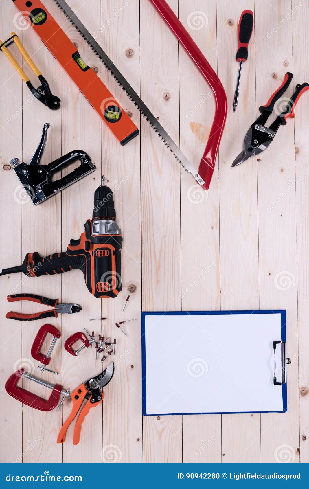 Different Tools with Clipboard on Wooden Tabletop with Copy Space Stock ...