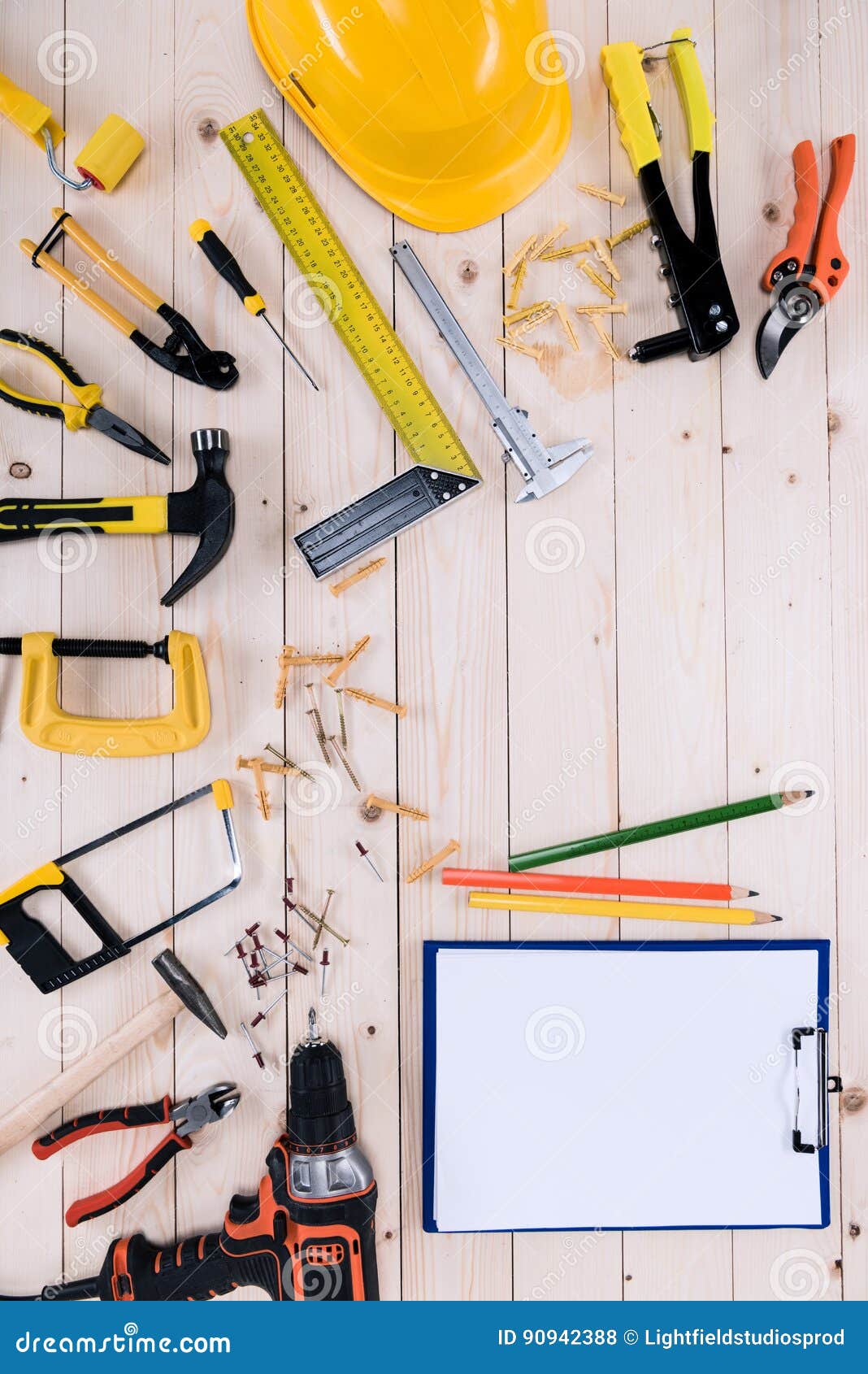 Different Tools with Clipboard on Wooden Tabletop with Copy Space Stock ...