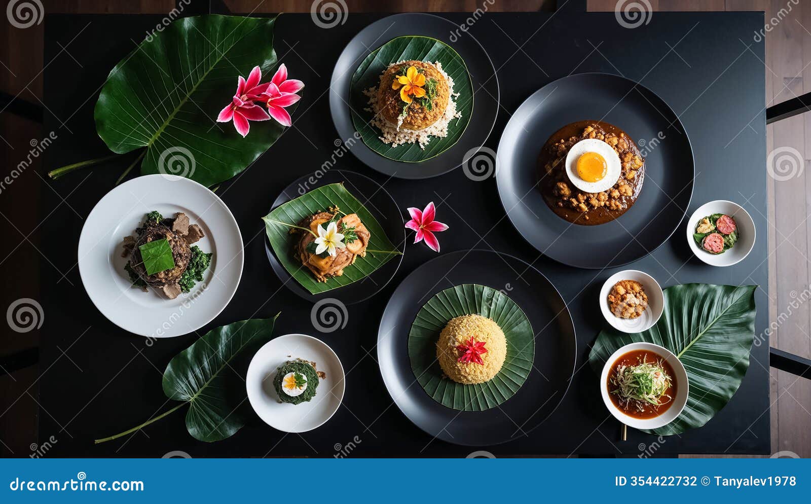 Different Traditional Indonesia Food on Plates, Top View Stock ...