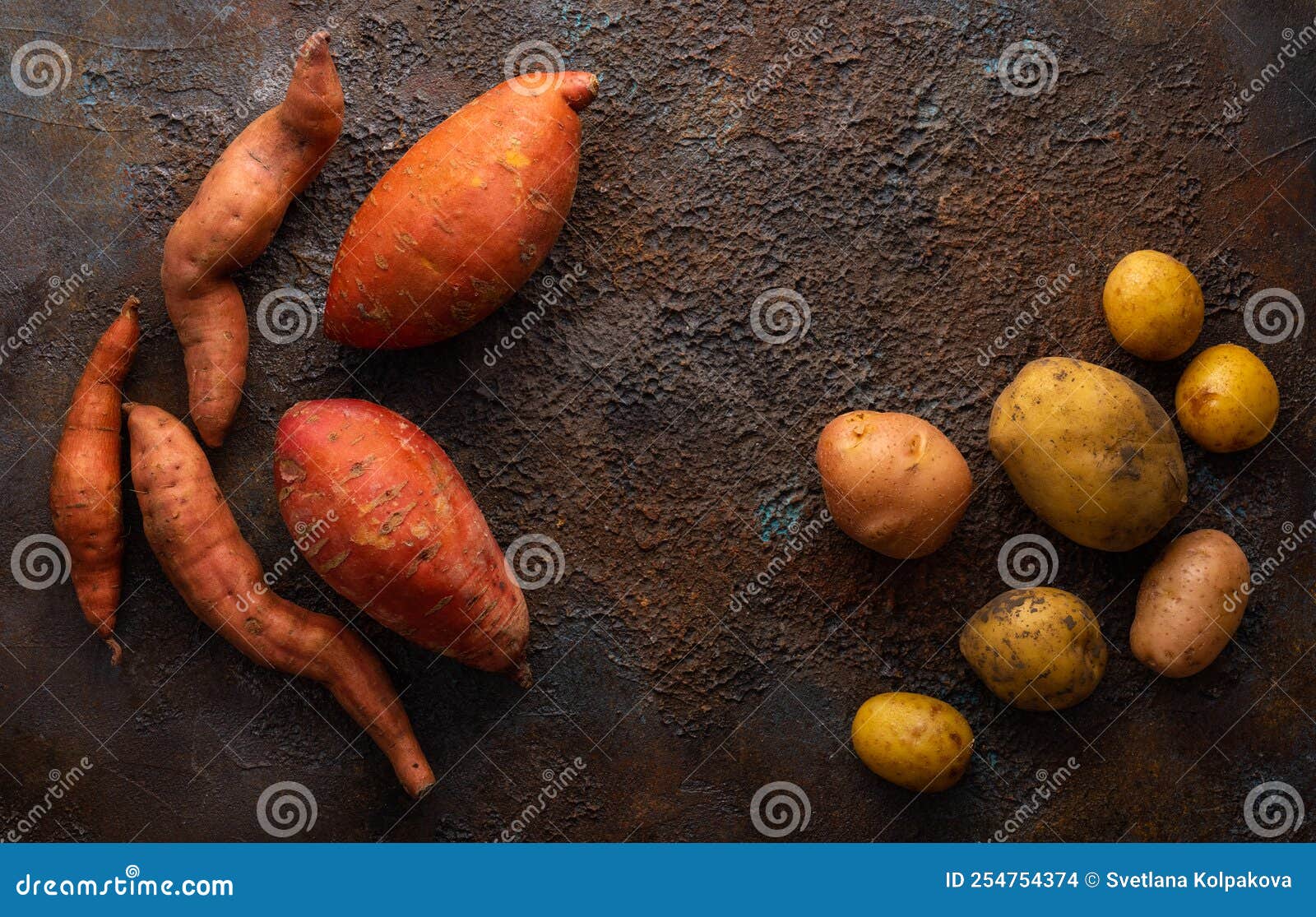 Different Type of Potatoes on Textured Background. Harvest of Root ...