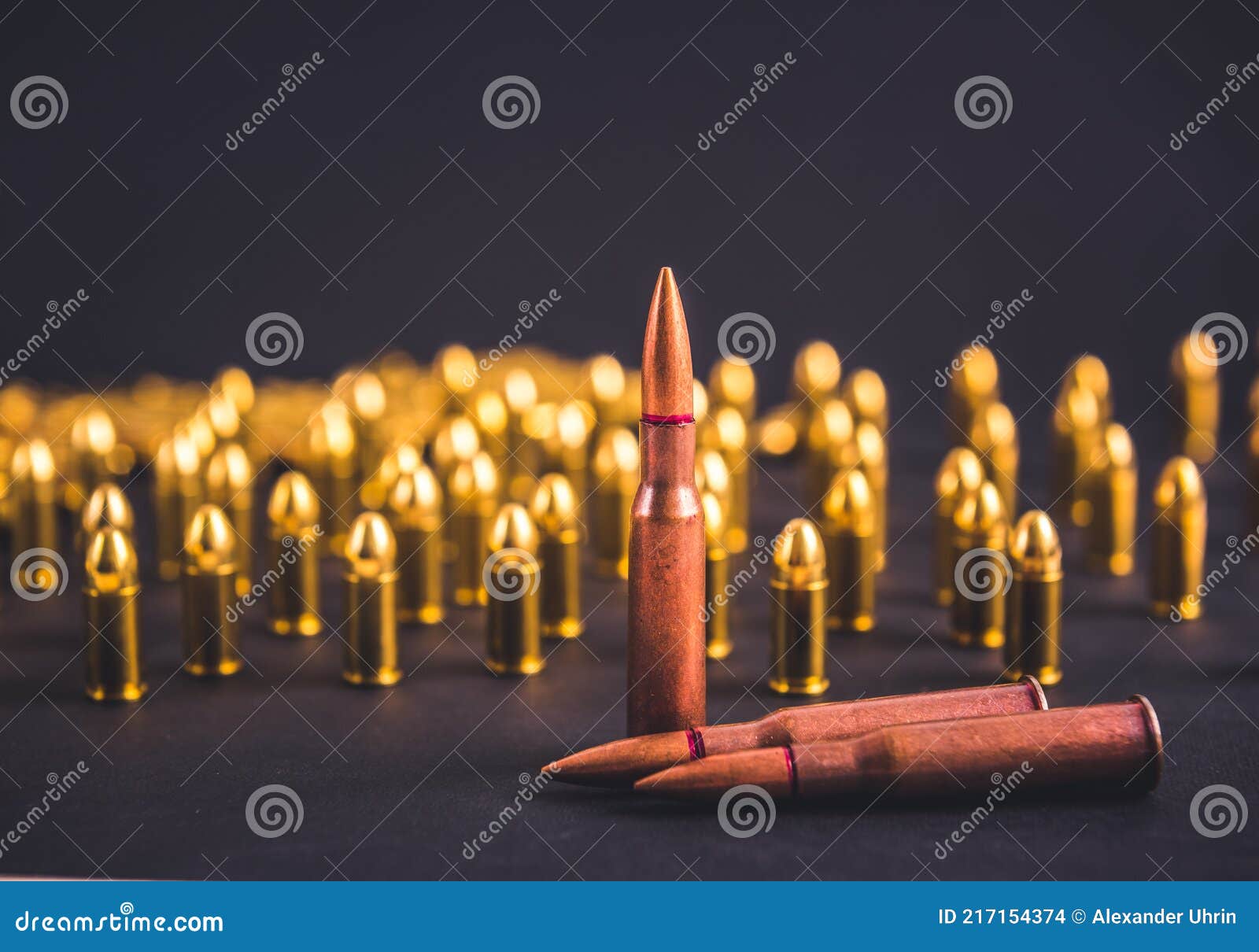 Different Types of Ammunition on Dark Stone. Blur Bullets Backround ...