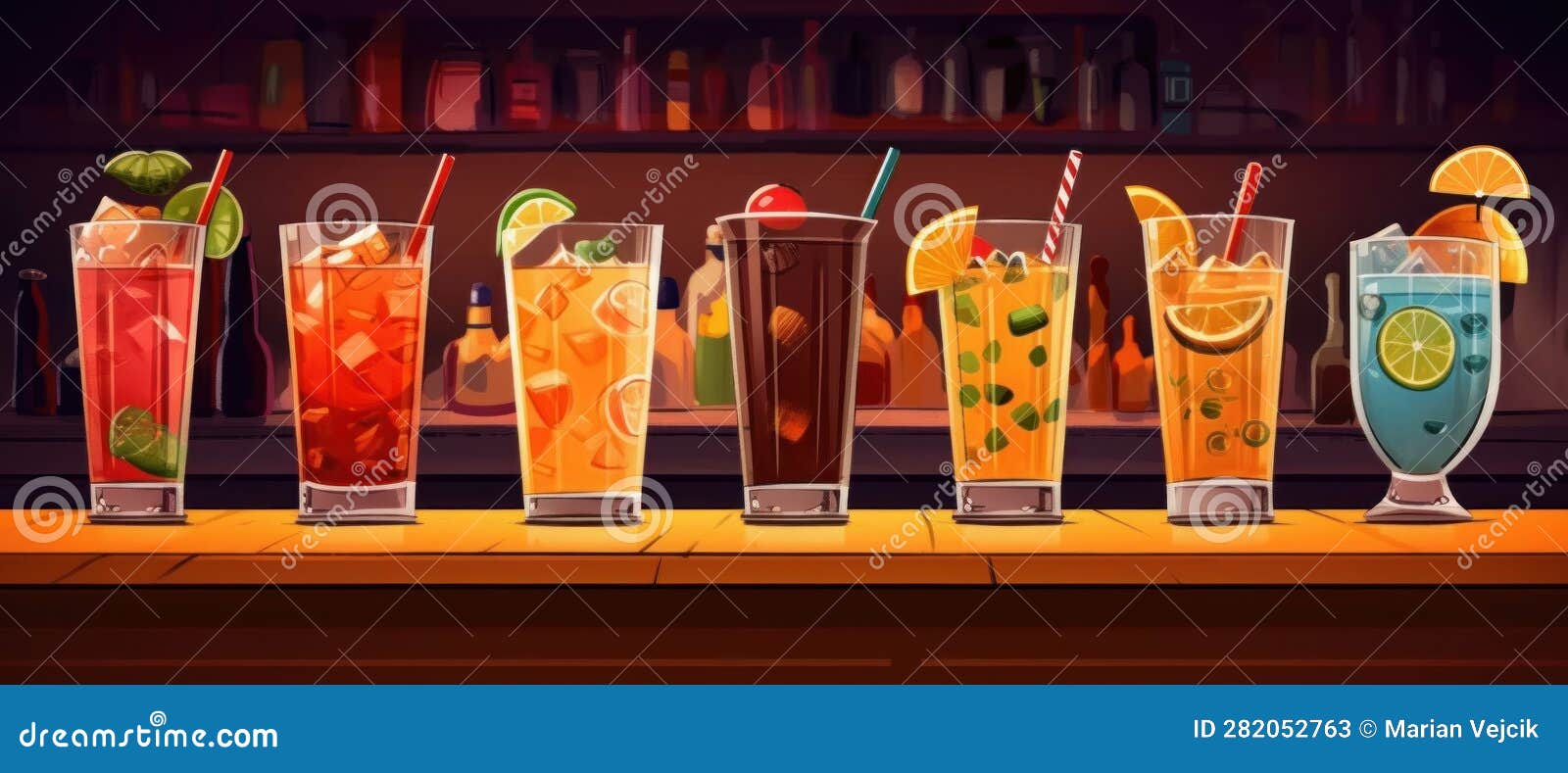 Different Types of Animated Colorful Fruit and Iced Drinks with Straws in High Glasses ...