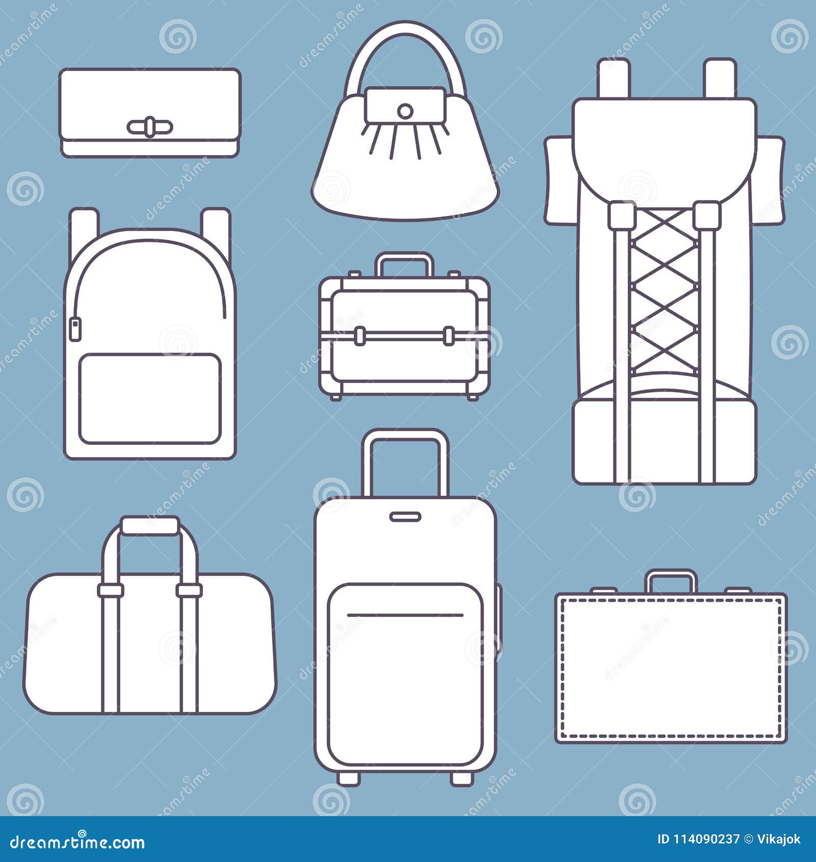 Different Types of Bags, White Flat Vector Illustration with Outline ...