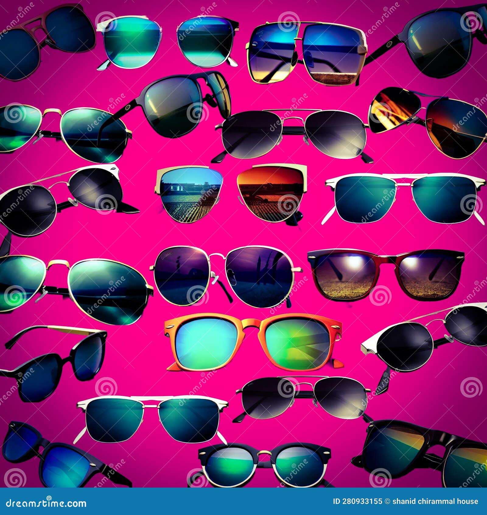 Different Types of Beautiful Sunglasses on Blue Background Stock ...