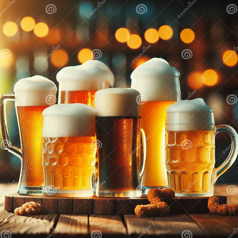 Different Types of Beer in Mugs Isolated on a Blurred Background Stock ...
