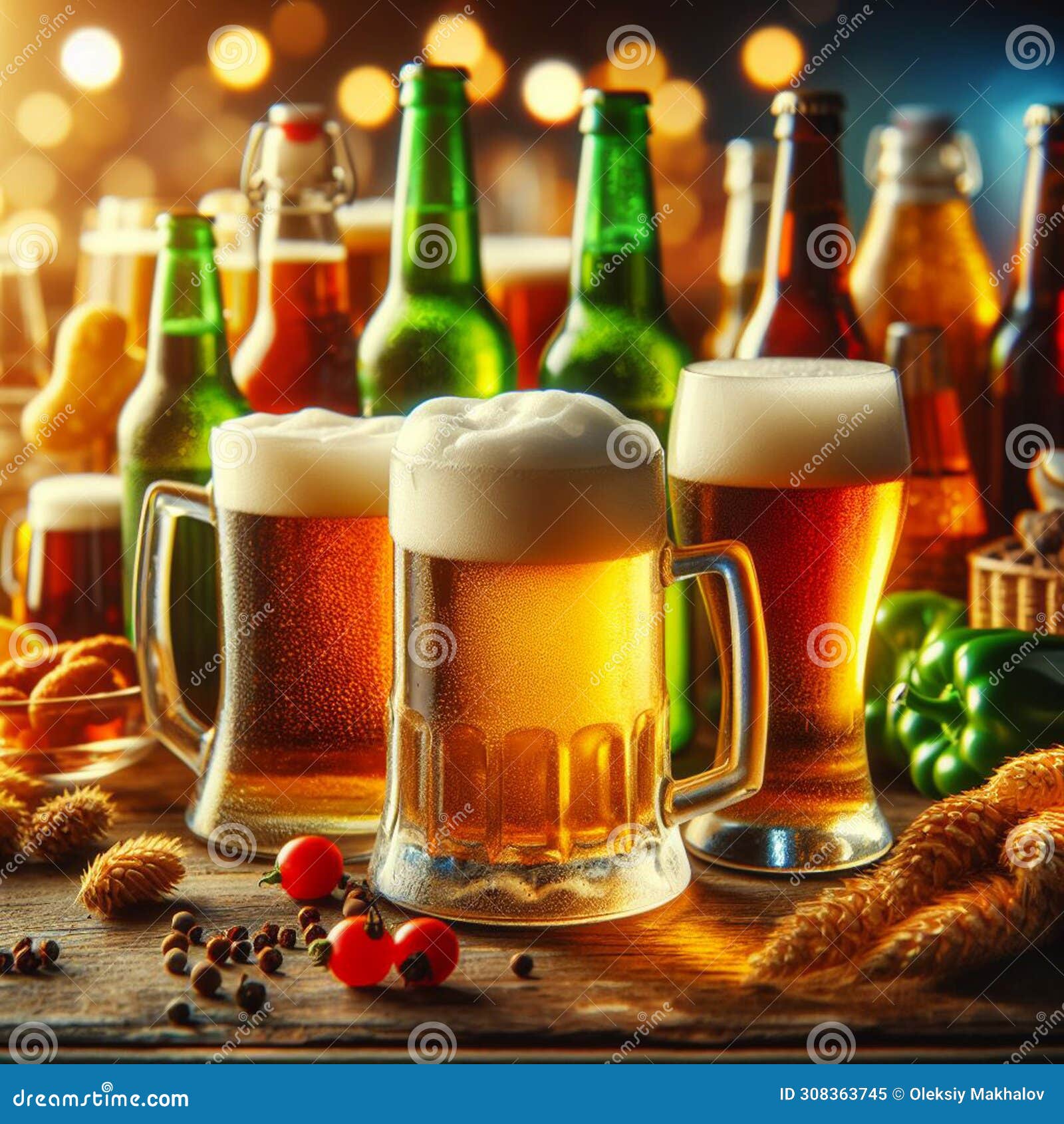 Different Types of Beer in Mugs Isolated on a Blurred Background Stock ...