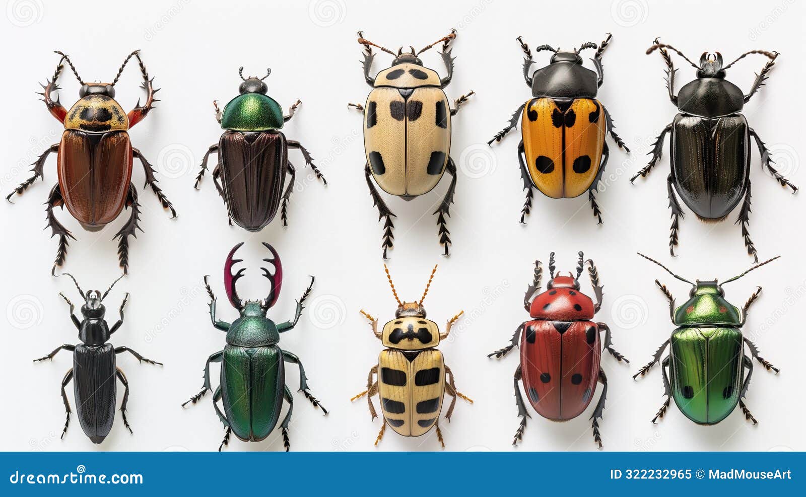 Different Types Of Beetles On White Background. Flat Lay, Top View ...