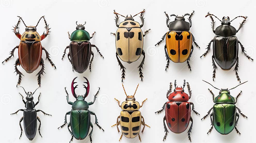 Different Types of Beetles on White Background. Flat Lay, Top View ...