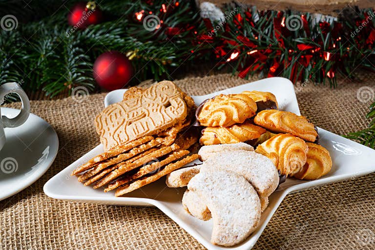 Different Types of Biscuits with Rustic Christmas Decorations Stock ...