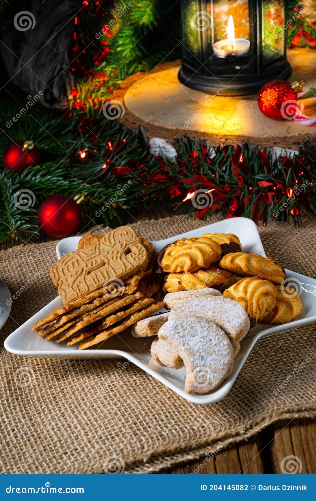 Different Types of Biscuits with Rustic Christmas Decorations Stock ...