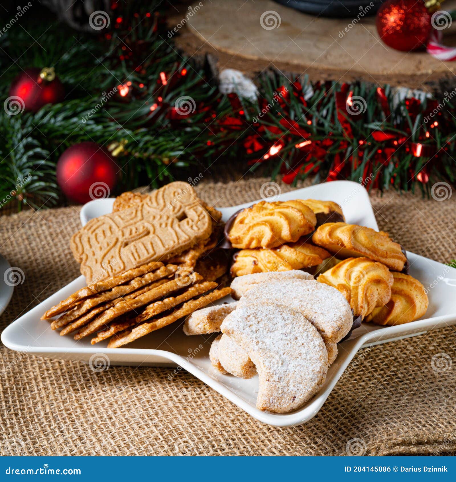 Different Types of Biscuits with Rustic Christmas Decorations Stock ...