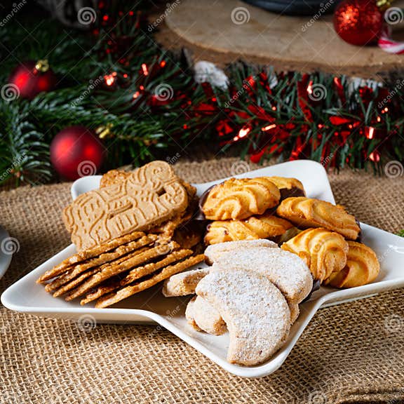 Different Types of Biscuits with Rustic Christmas Decorations Stock ...