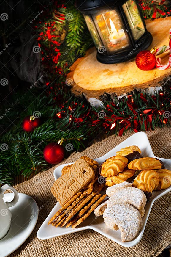 Different Types of Biscuits with Rustic Christmas Decorations Stock ...