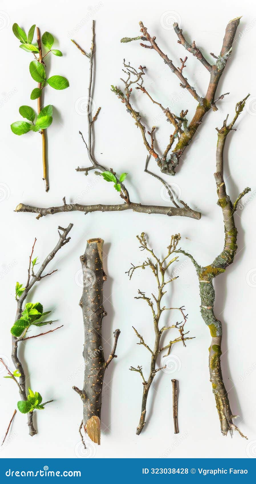Different Types of Branches and Twigs Placed on a White Background, Top ...