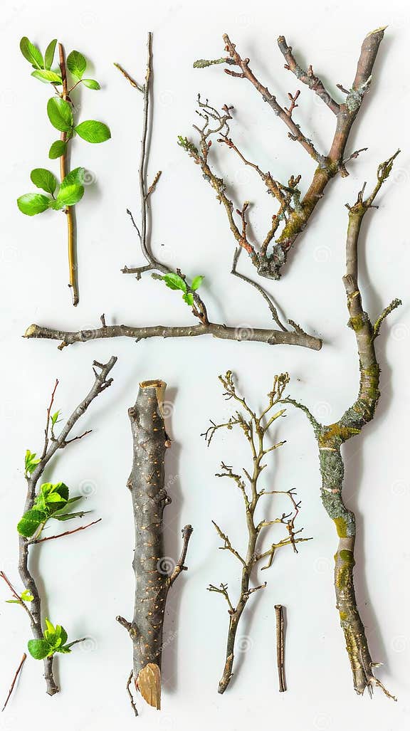 Different Types of Branches and Twigs Placed on a White Background, Top ...