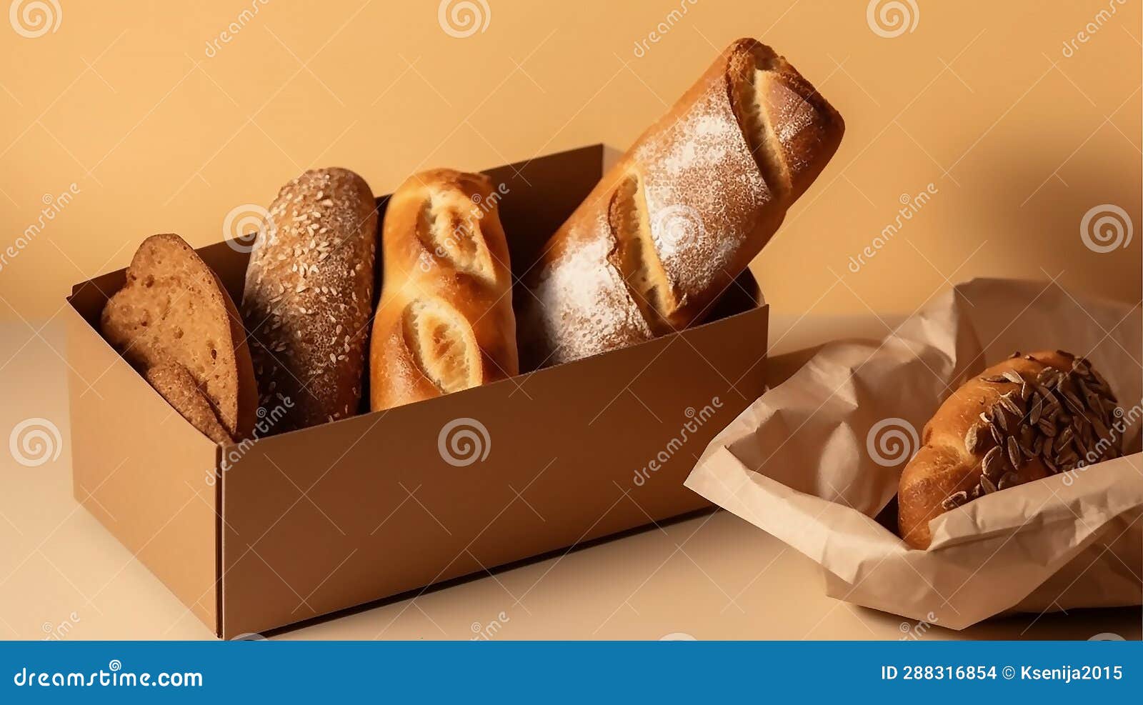 Different Types of Bread in a Cardboard Box, on a Beige Background ...