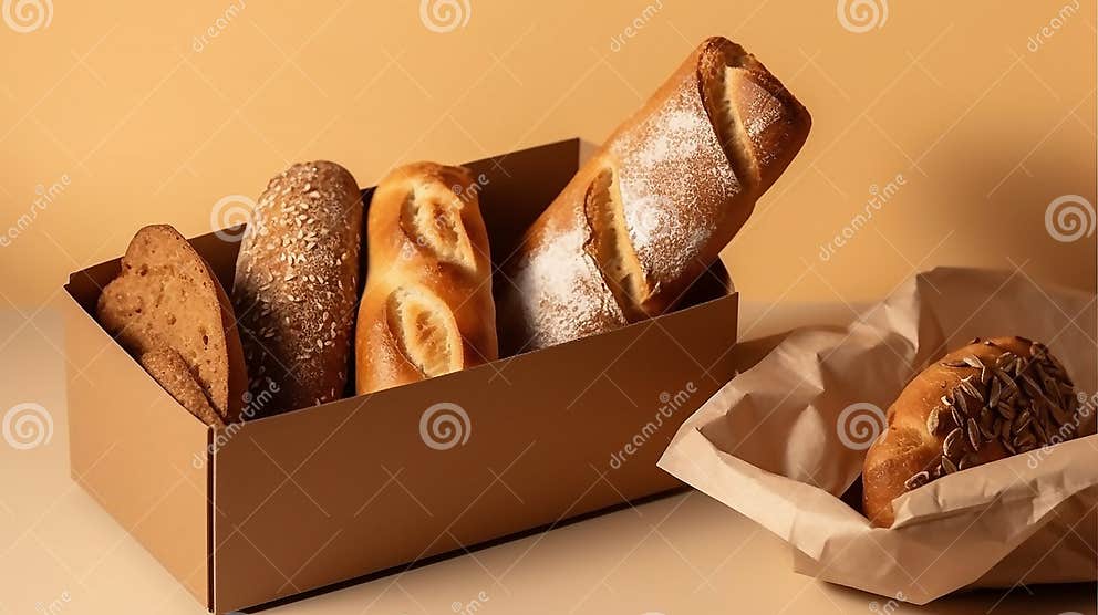 Different Types of Bread in a Cardboard Box, on a Beige Background ...