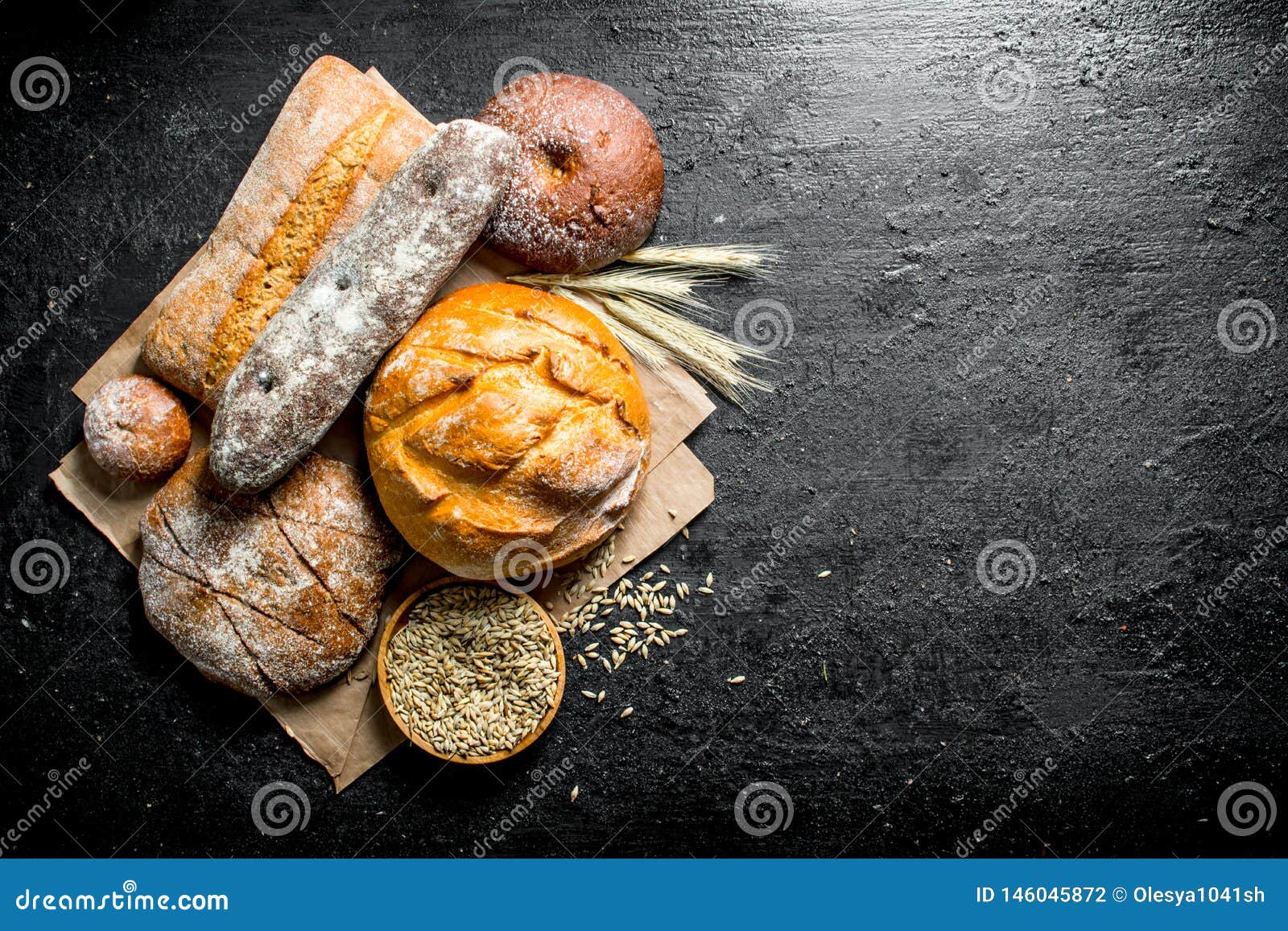 Different Types of Bread with Grain and Spikelets Stock Photo - Image ...