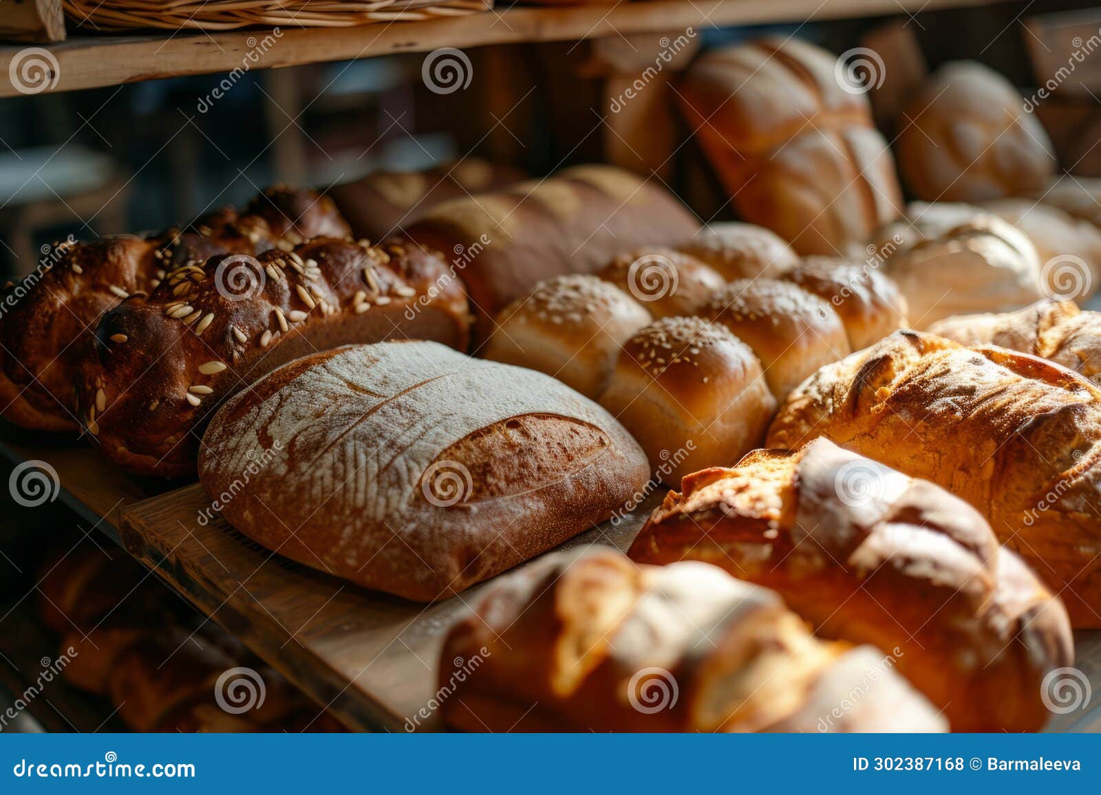 Different Types of Bread Loaves on Bakery Shelves. Baker Shop with ...