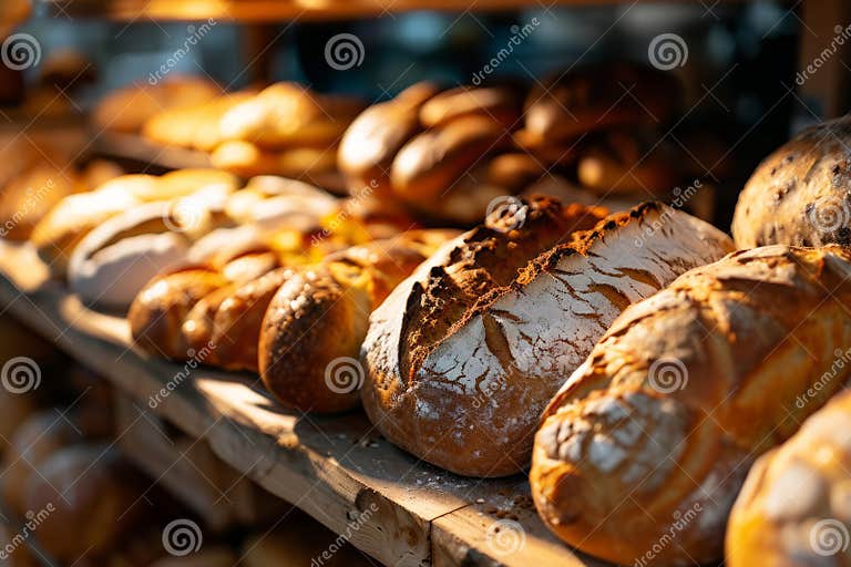 Different Types of Bread Loaves on Bakery Shelves. Baker Shop with ...
