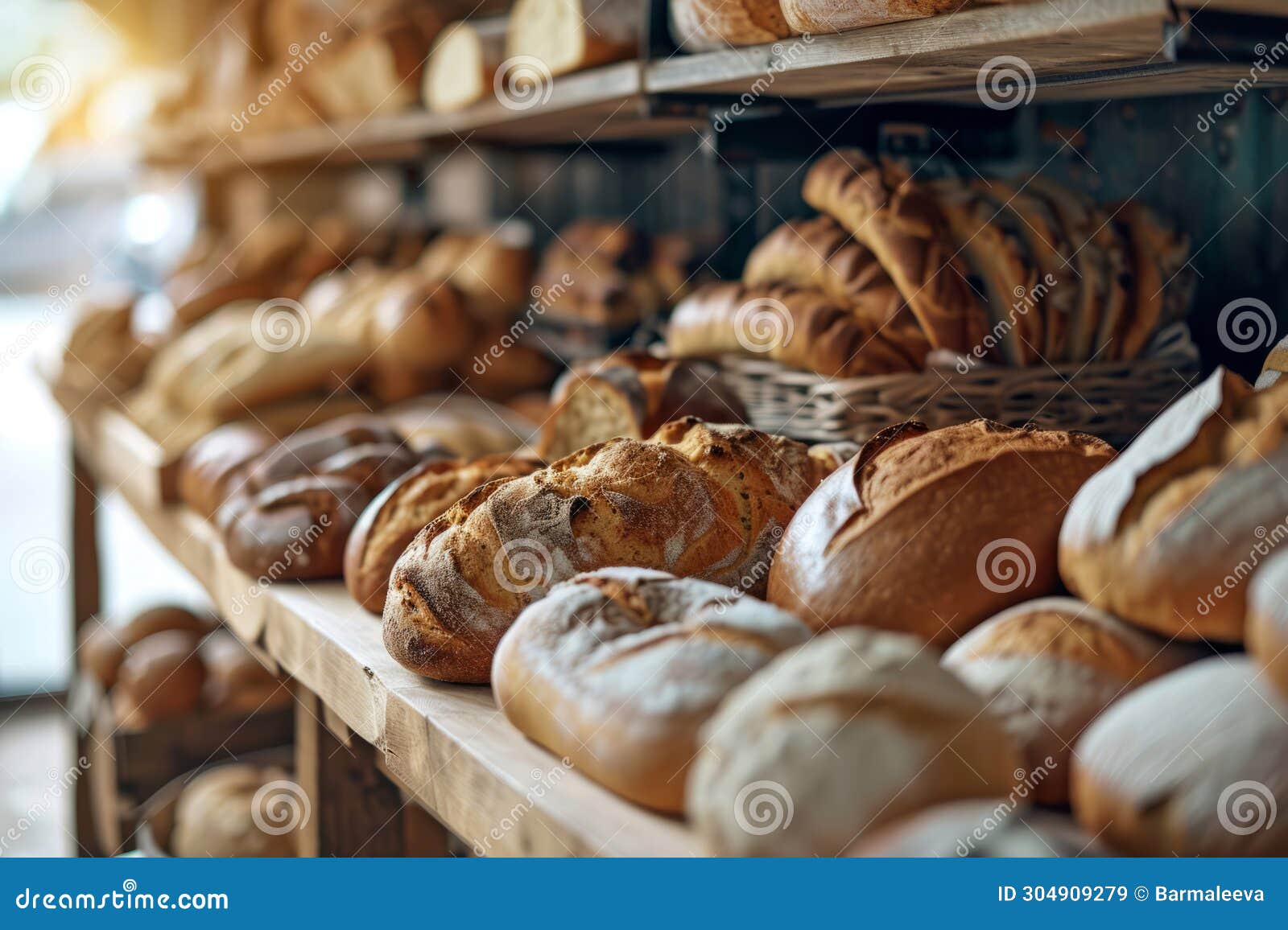 Different Types Of Bread Loaves On Bakery Shelves. Baker Shop With ...