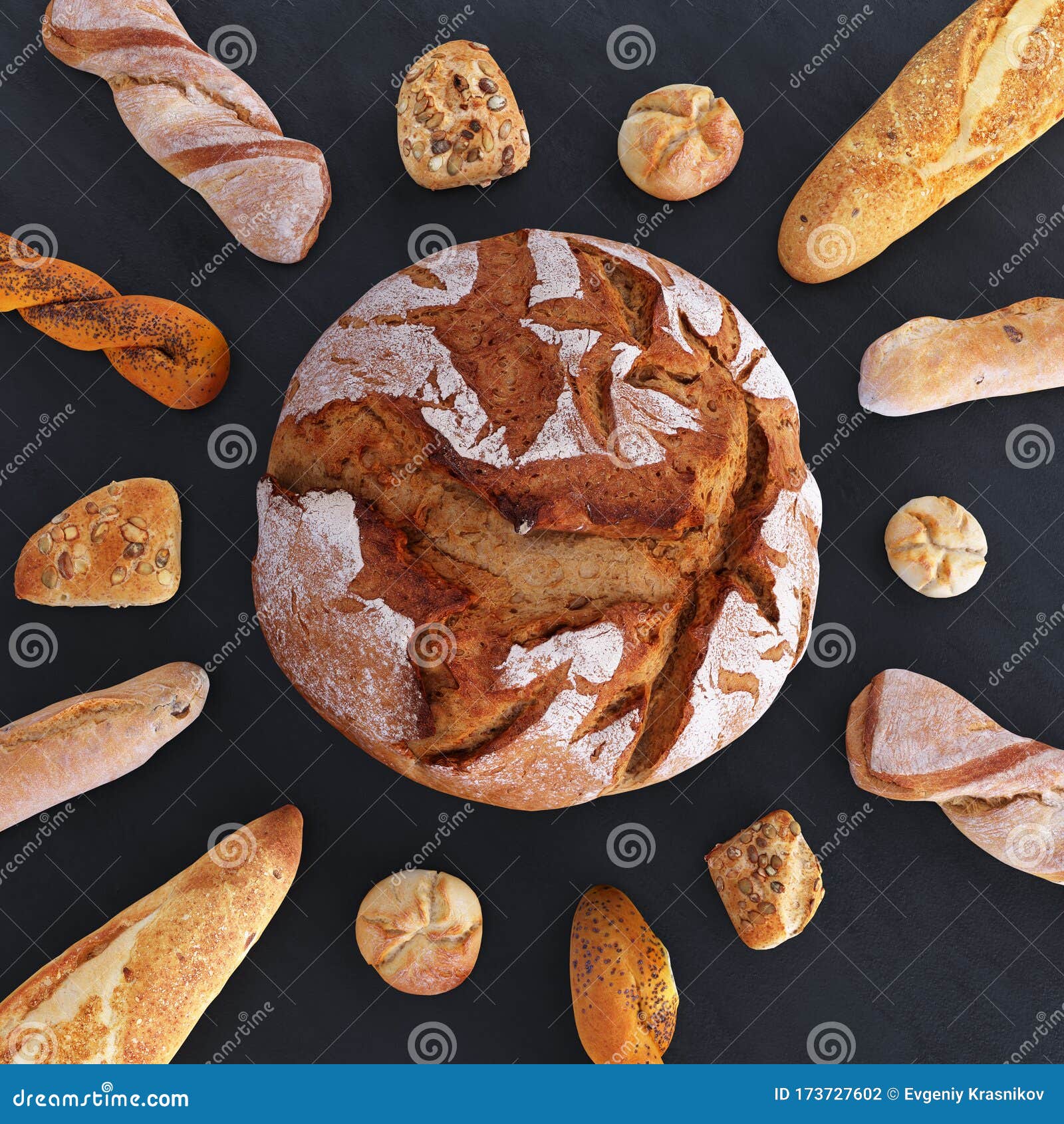 Different Types of Bread and Rolls in the Top View. Kitchen or Bakery ...