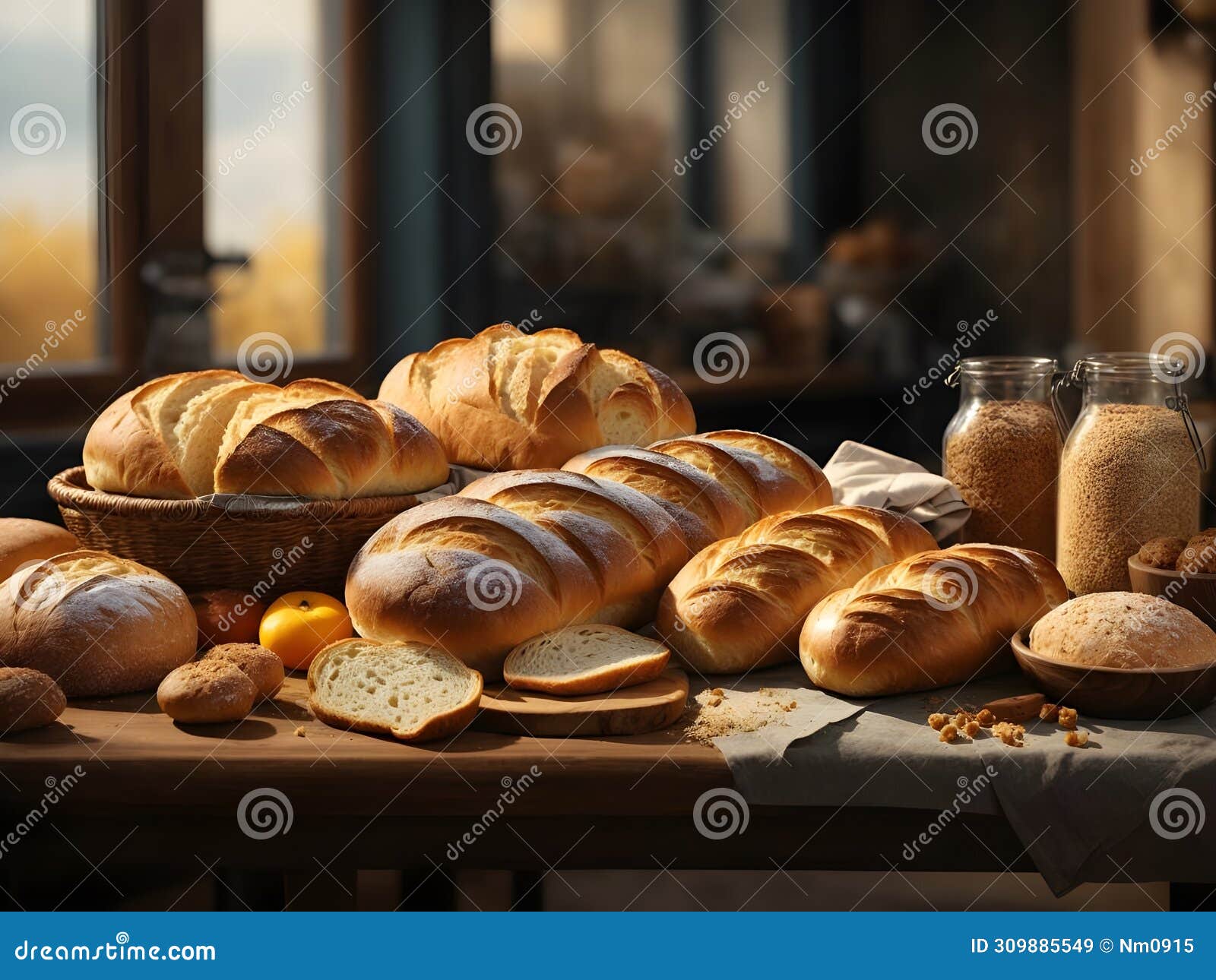 Different Types of Bread on Table in Bakery. Bake and Pastry ...