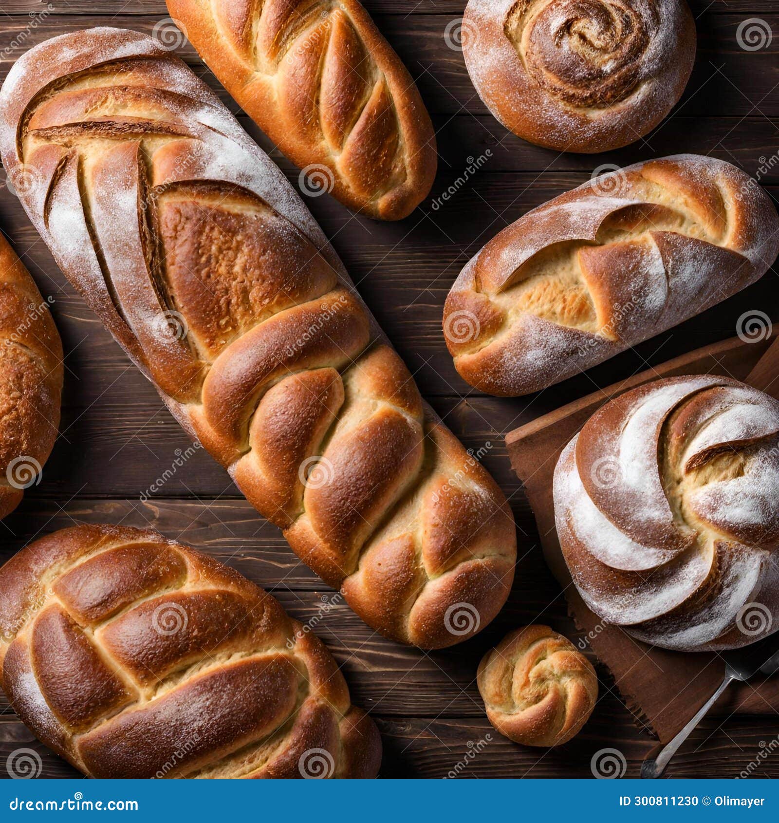 Different Types of Breads and Buns on Wooden Background. Stock ...