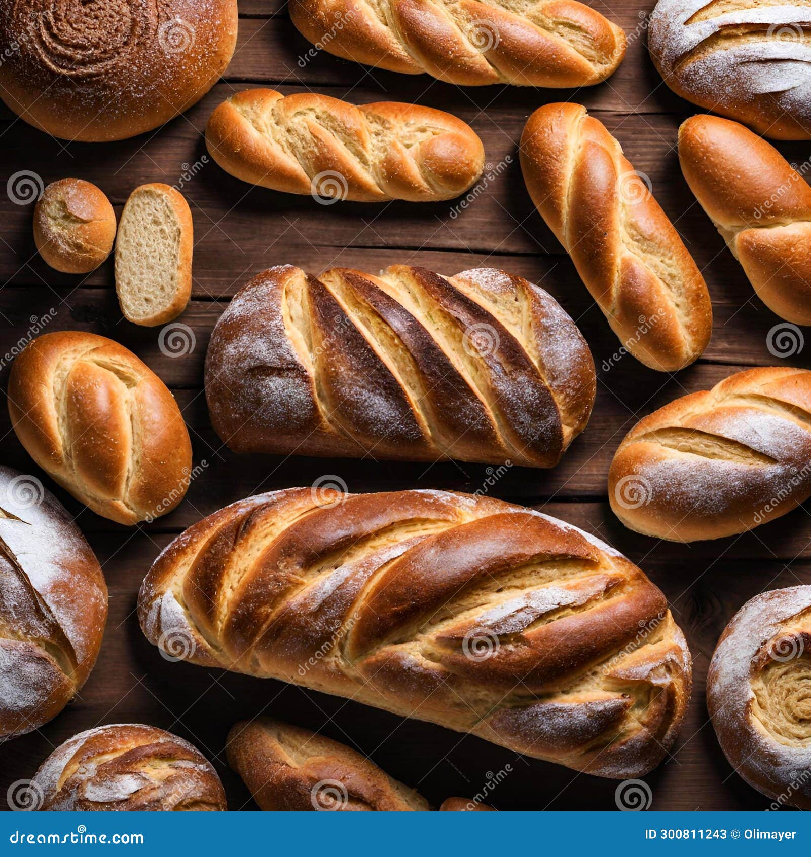 Different Types of Breads and Buns on Wooden Background. Stock ...