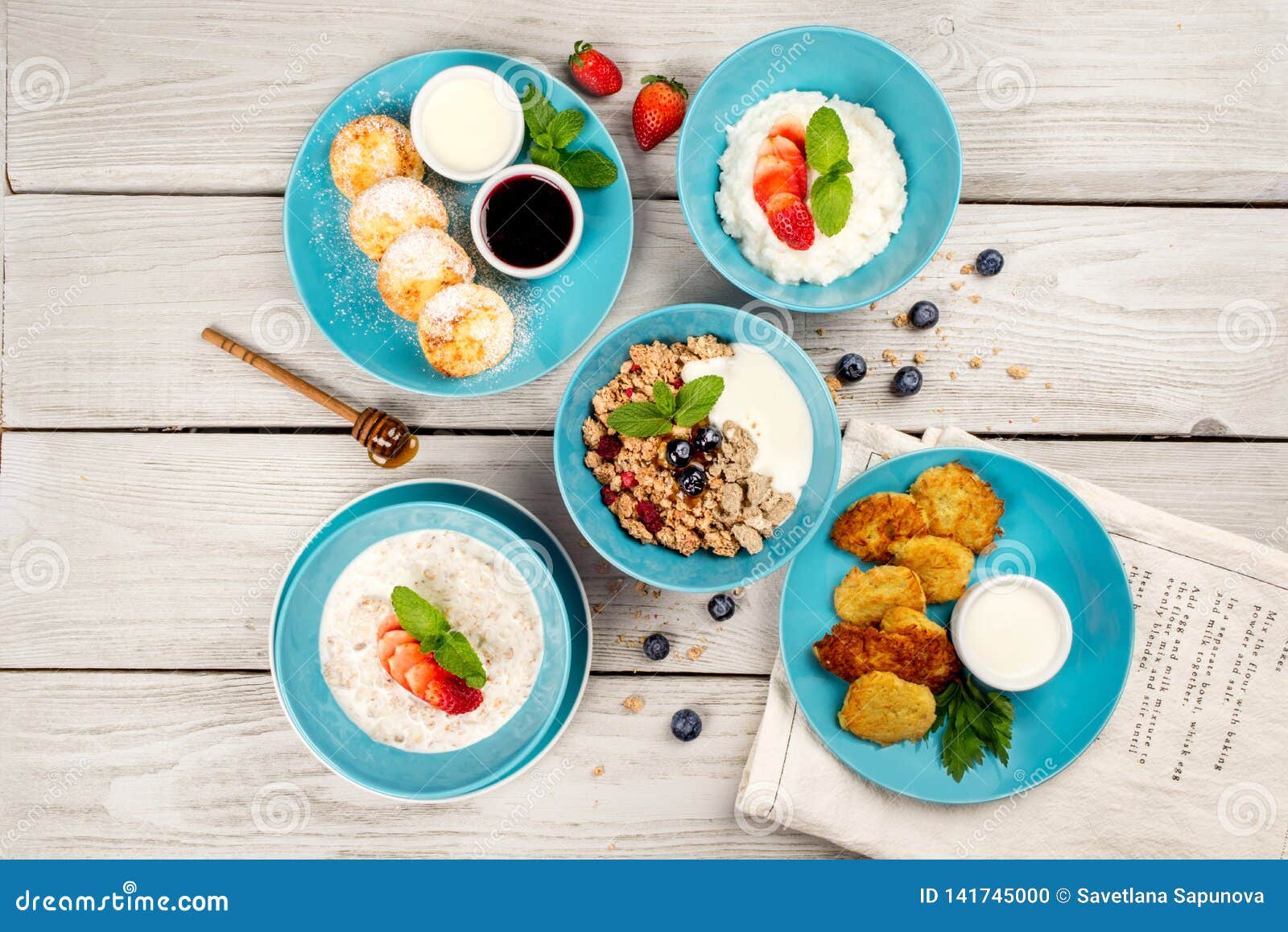 Different Types of Breakfast Shot on Wooden Background Stock Photo ...