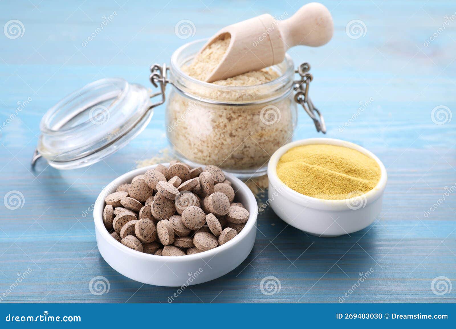 Different Types of Brewer S Yeast on Light Blue Wooden Table Stock ...