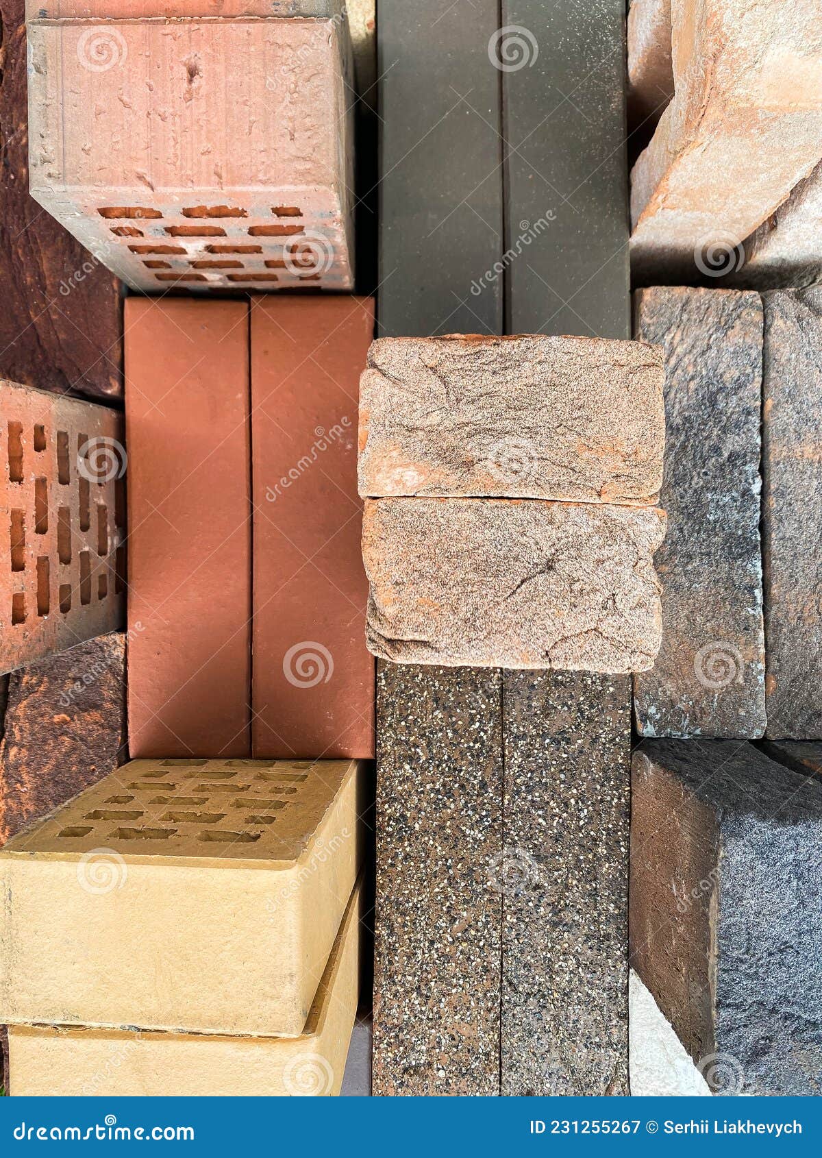 Different Types of Bricks Stacked Beautifully on Green Grass. Top View ...