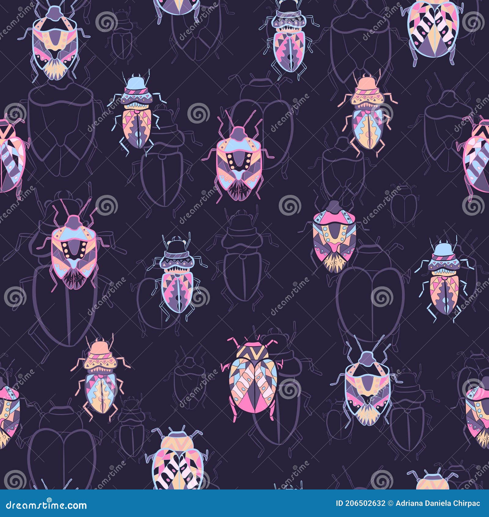 Different Types Of Bugs Seamless Pattern. Repetitive Insects Background ...