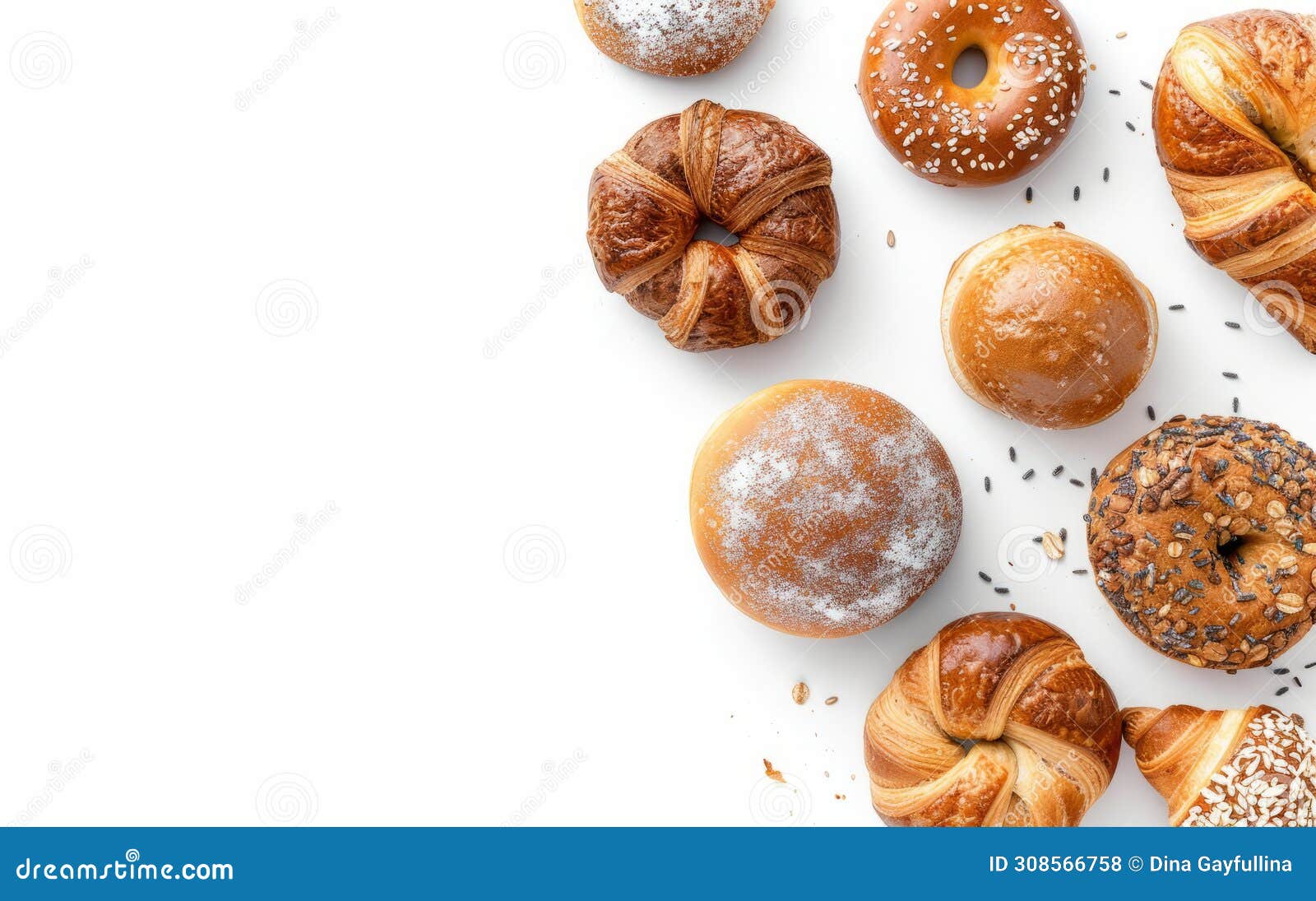 Different Types of Buns and Croissants on White Background, Top View ...