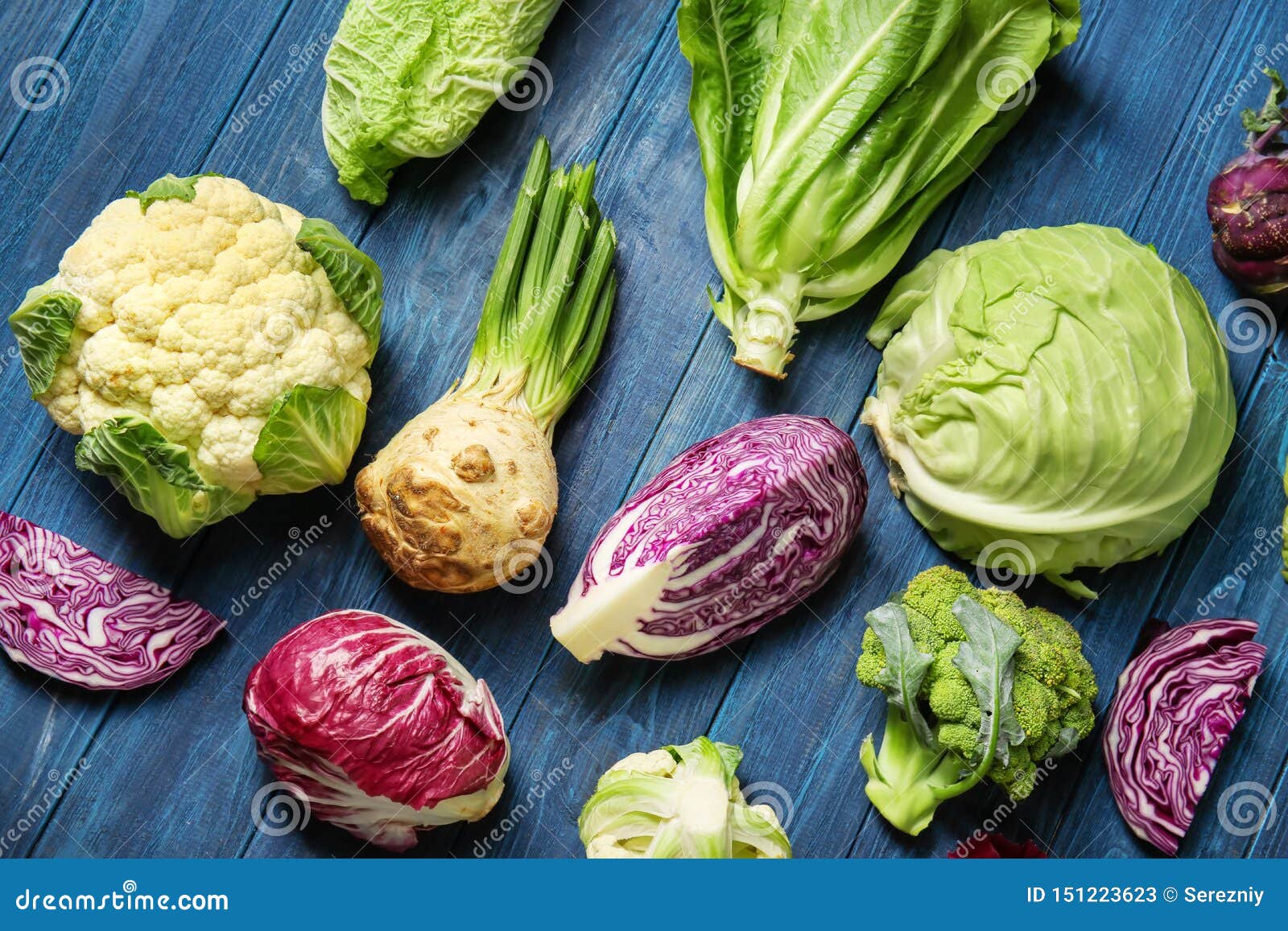Different Types of Cabbage on Color Wooden Background Stock Image ...