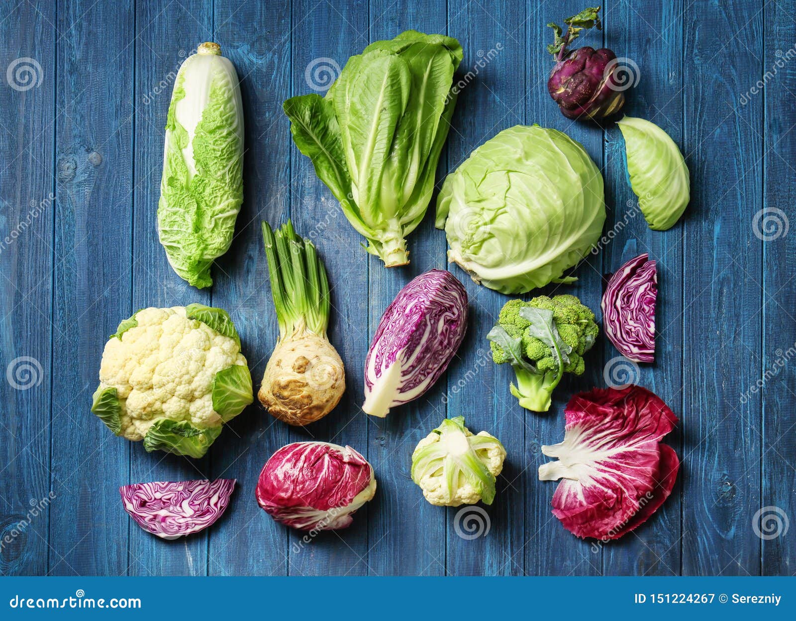 Different Types of Cabbage on Color Wooden Background Stock Image ...
