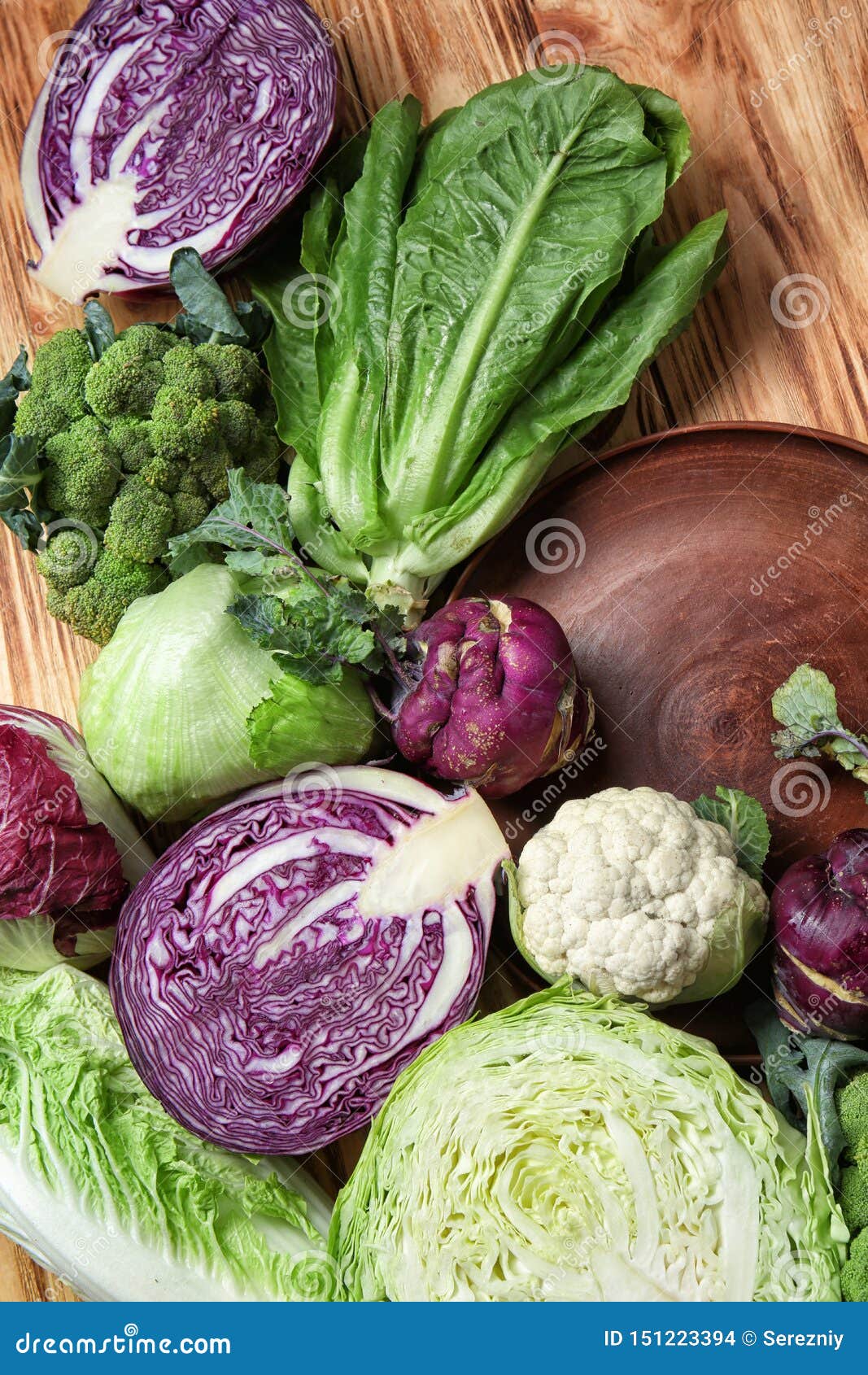 Different Types of Cabbage on Wooden Background Stock Photo - Image of ...